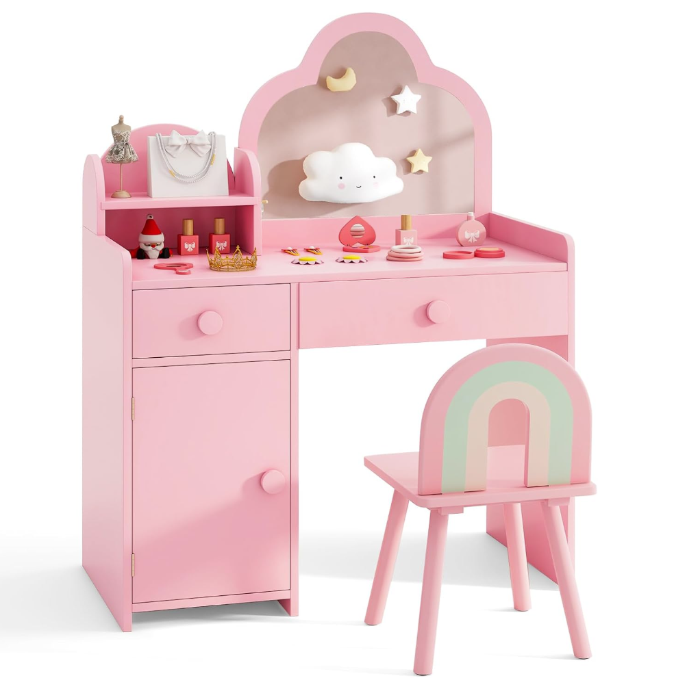 Rever Bebe 2-in-1 Kids Vanity Set w/Mirror, Princess Makeup Table